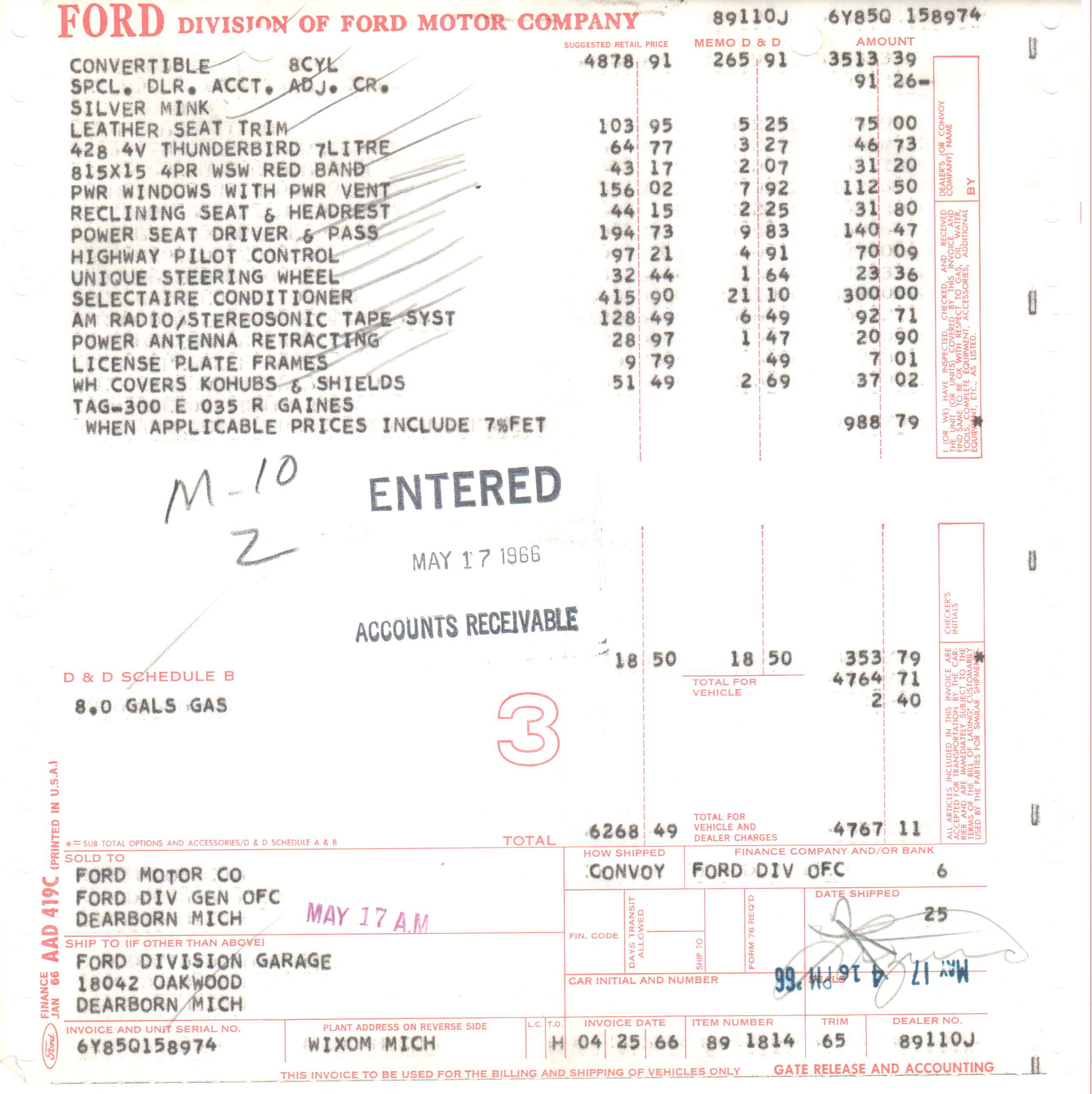 Original Invoice 158974.jpg | Ford Thunderbird club group 1955-2005 T ...